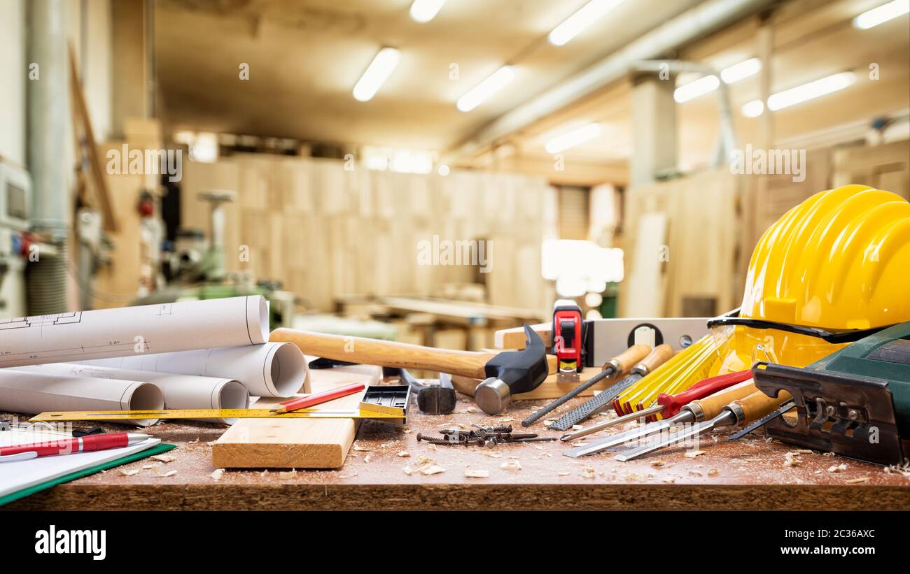 Close-up. Carpenter's workbench with tools for woodworking ...