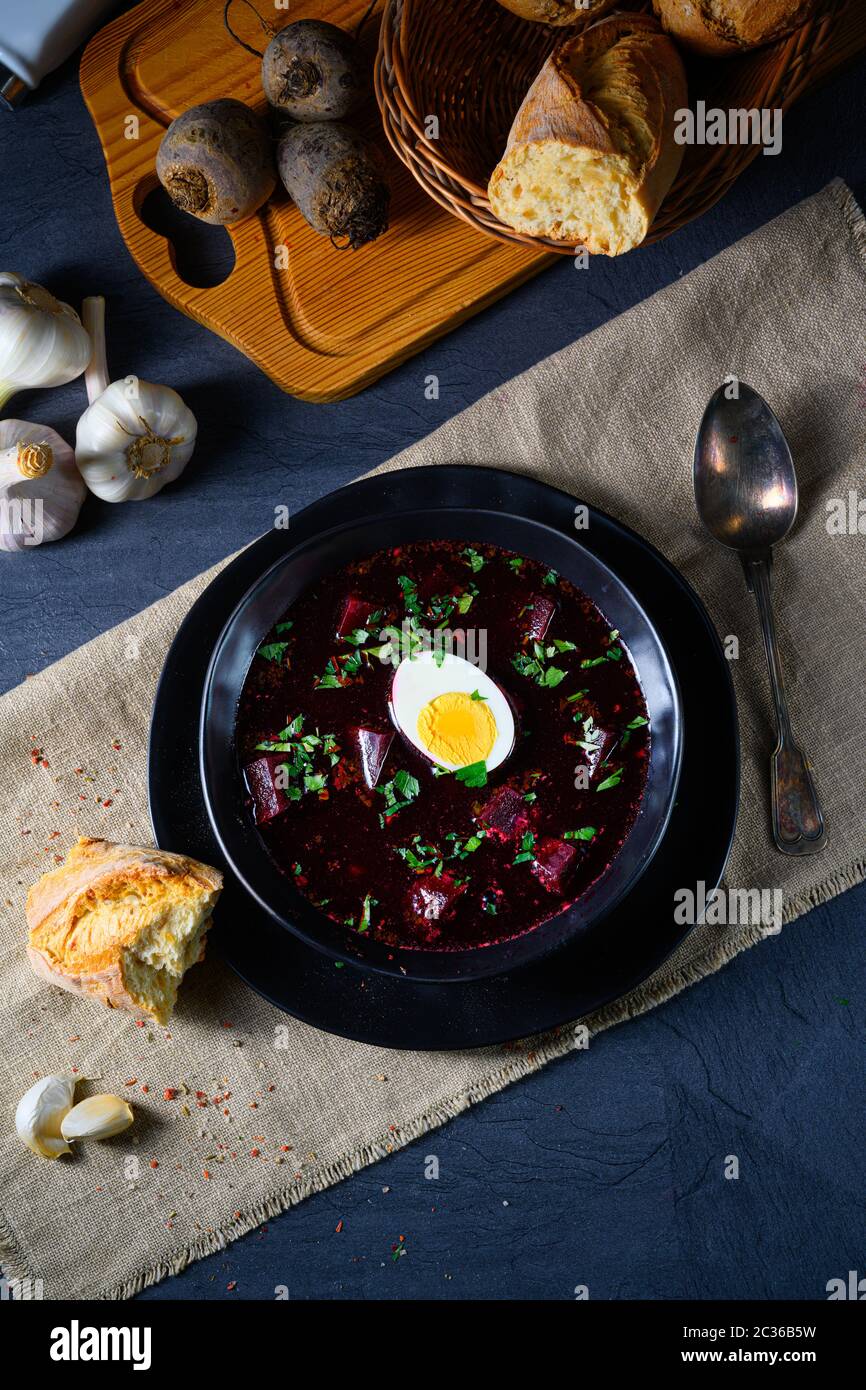 Delicious beetroot borscht with egg Stock Photo - Alamy