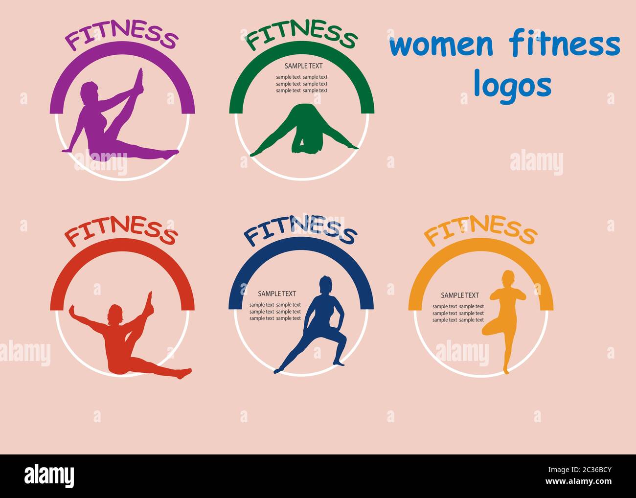 Collection of colorful logos of fitness with silhouette of exercising ...