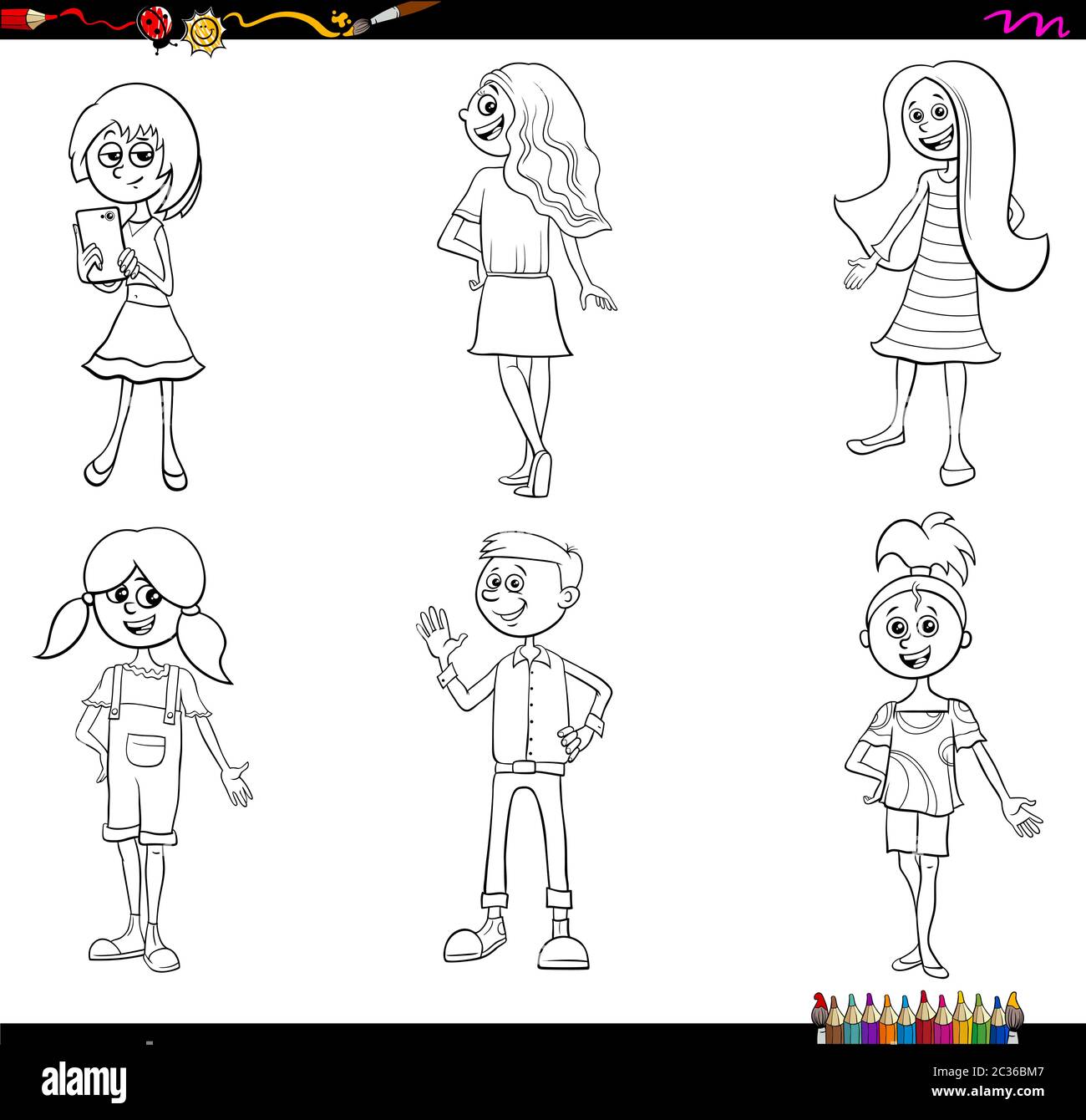 cartoon children characters coloring book page Stock Photo - Alamy