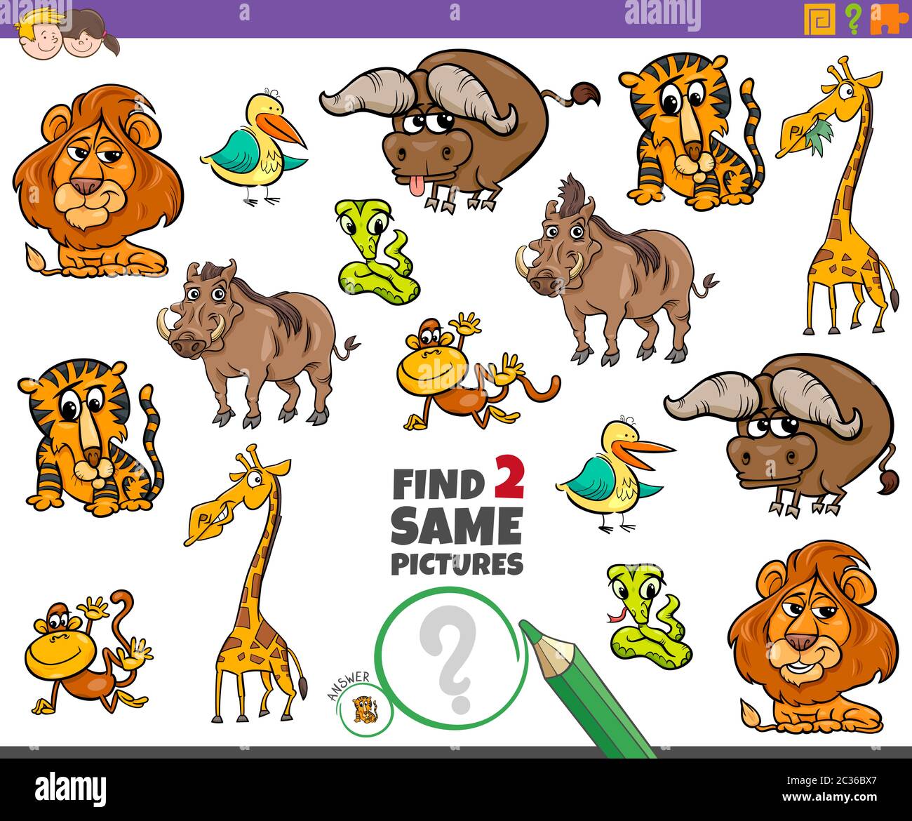 find two same animals educational game for kids Stock Photo - Alamy