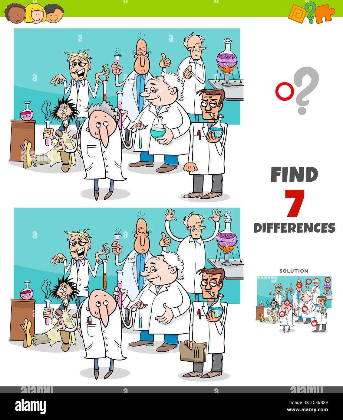 differences game with cartoon scientists group Stock Photo - Alamy
