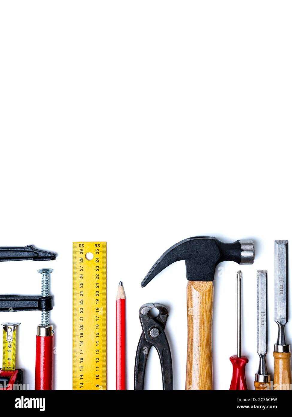 Top view of carpenter's tools on white background. Construction ...