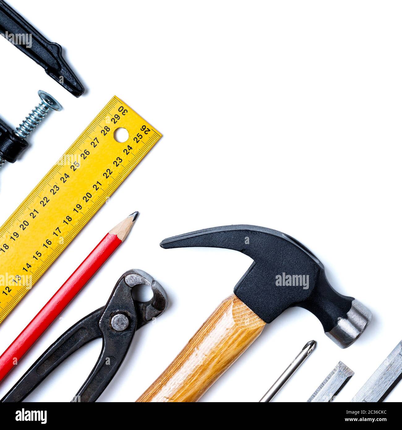 Top view of carpenter's tools on white background. Construction ...