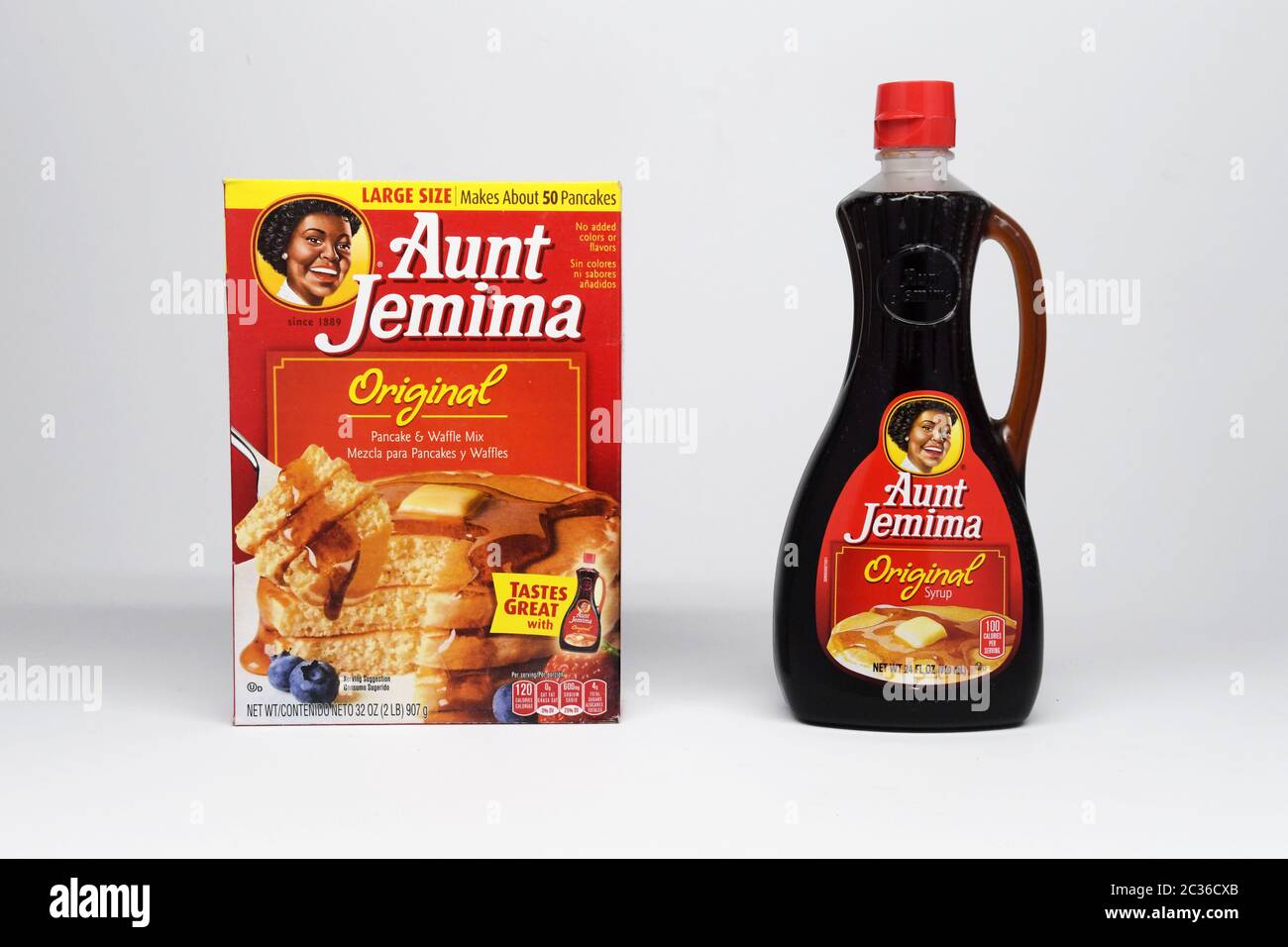 Detailed view of Aunt Jemima original syrup 24 oz bottle and pancake ...