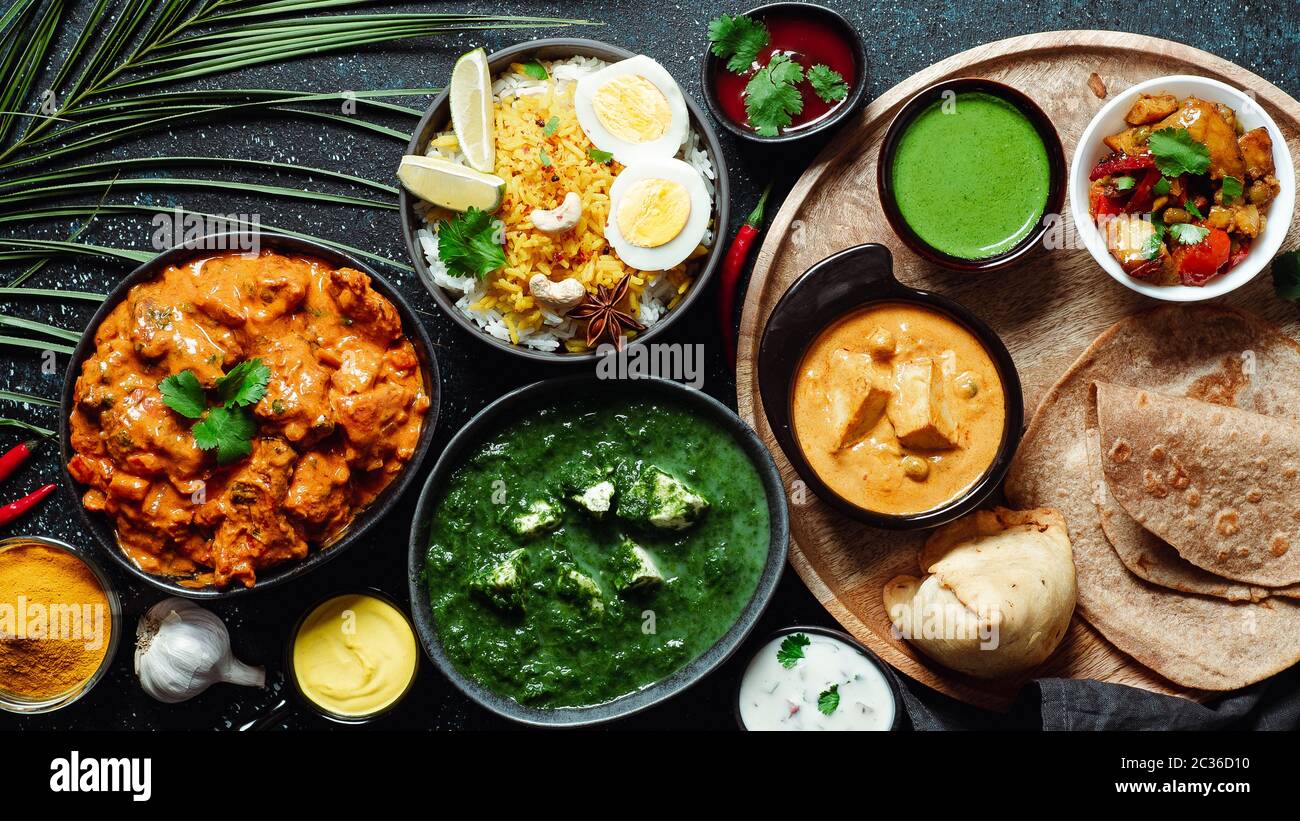 Indian cuisine dishes: tikka masala, paneer, samosa, chapati, chutney ...