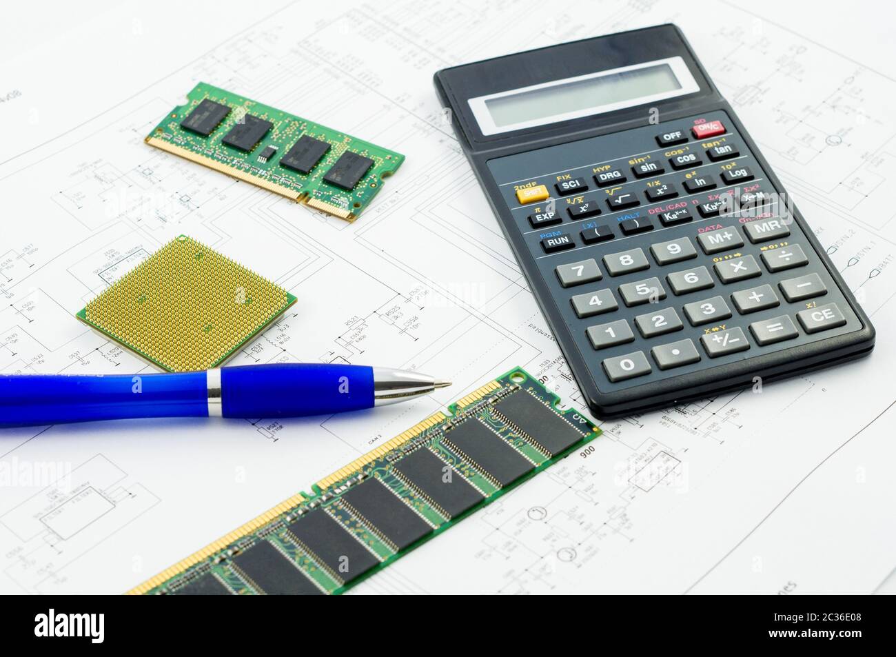 Several PC component placed on the electric schemes Stock Photo - Alamy