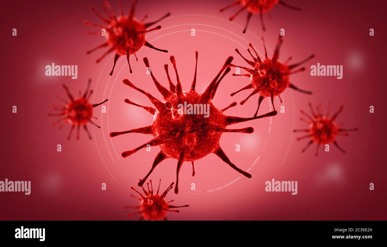 Microscopic view of influenza virus cells. 3D medical illustration ...