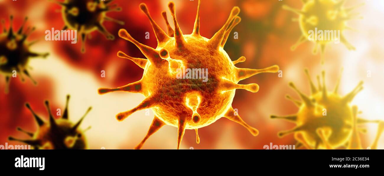Microscopic view of influenza virus cells. 3D medical illustration ...