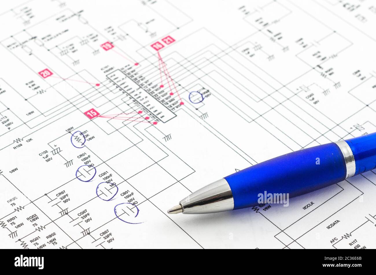 Electricity diagram (drawing or design) with pen on blueprint Stock ...