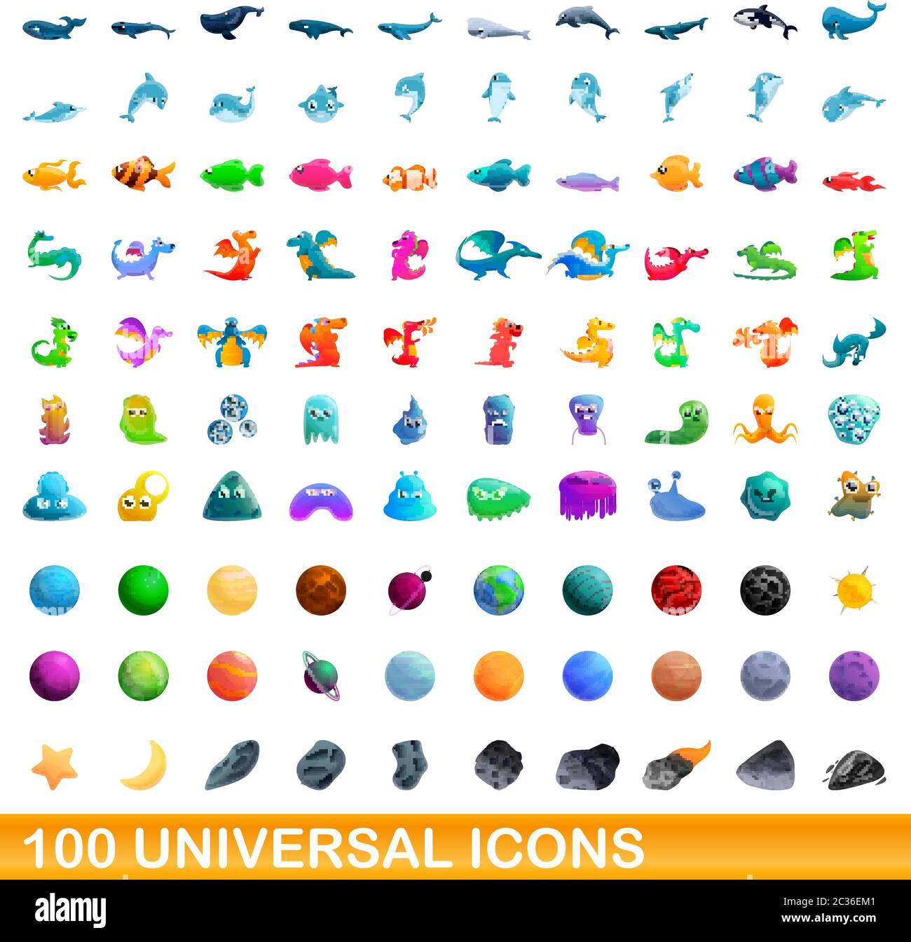 100 universal icons set. Cartoon illustration of 100 universal icons ...