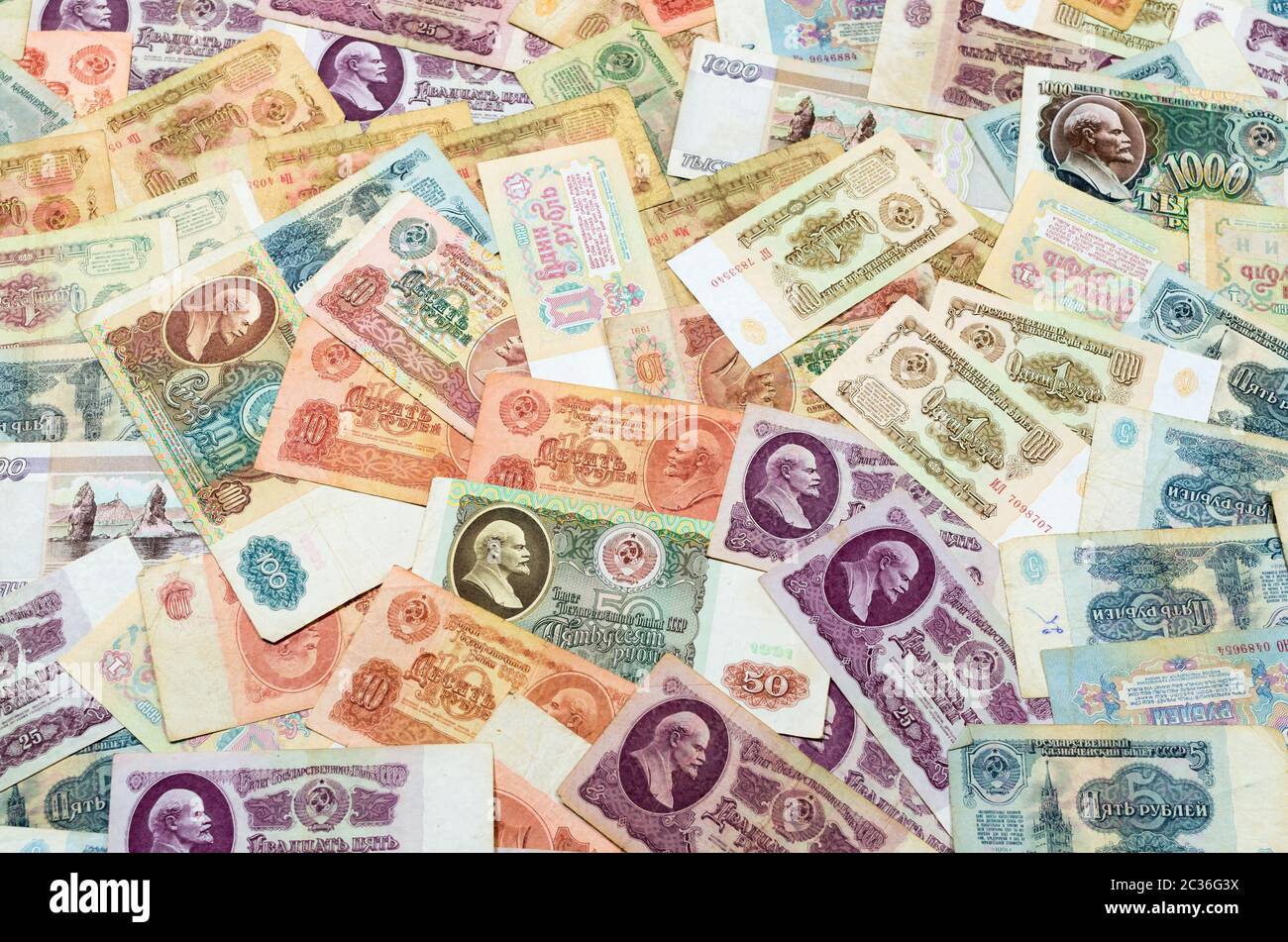 The photo of old Russian ruble banknotes. Image can be used as ...