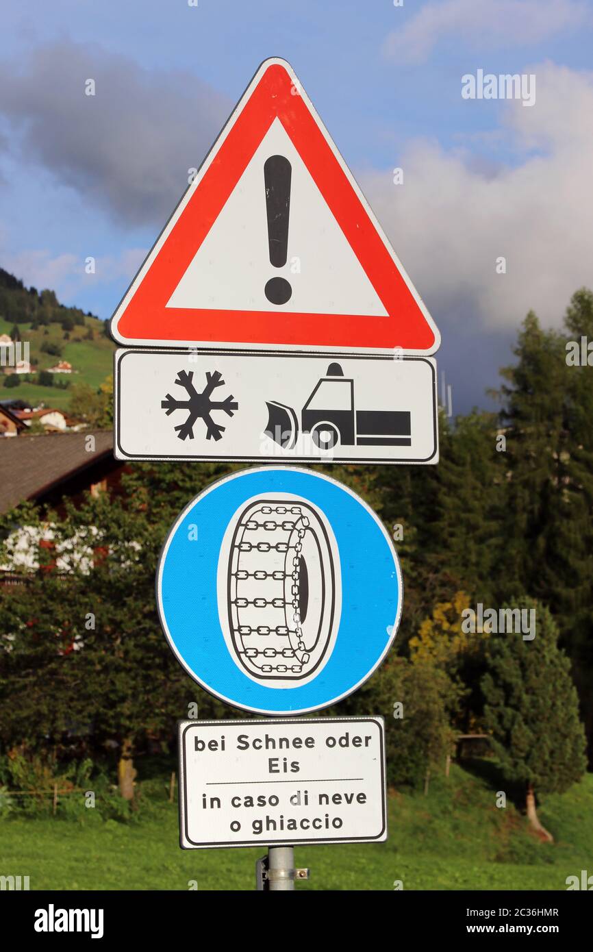 Traffic sign Attention snow plough and snow chains in case of snow ...