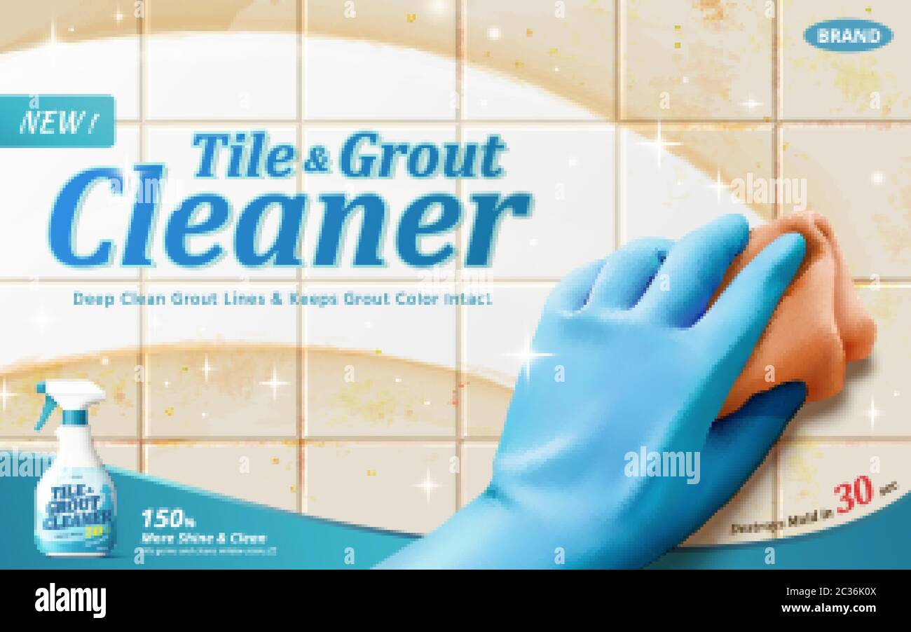 Ad template for tile and grout cleaner, with hand in blue rubber glove ...