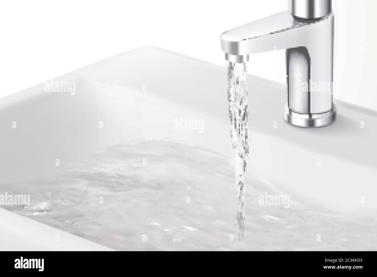 Realistic close-up of chrome washbasin tap with running water, isolated ...