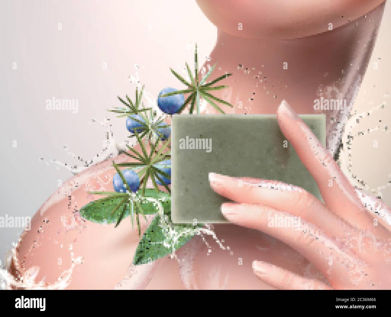 Ad template of herbal hygiene soap, realistic young woman holding soap ...