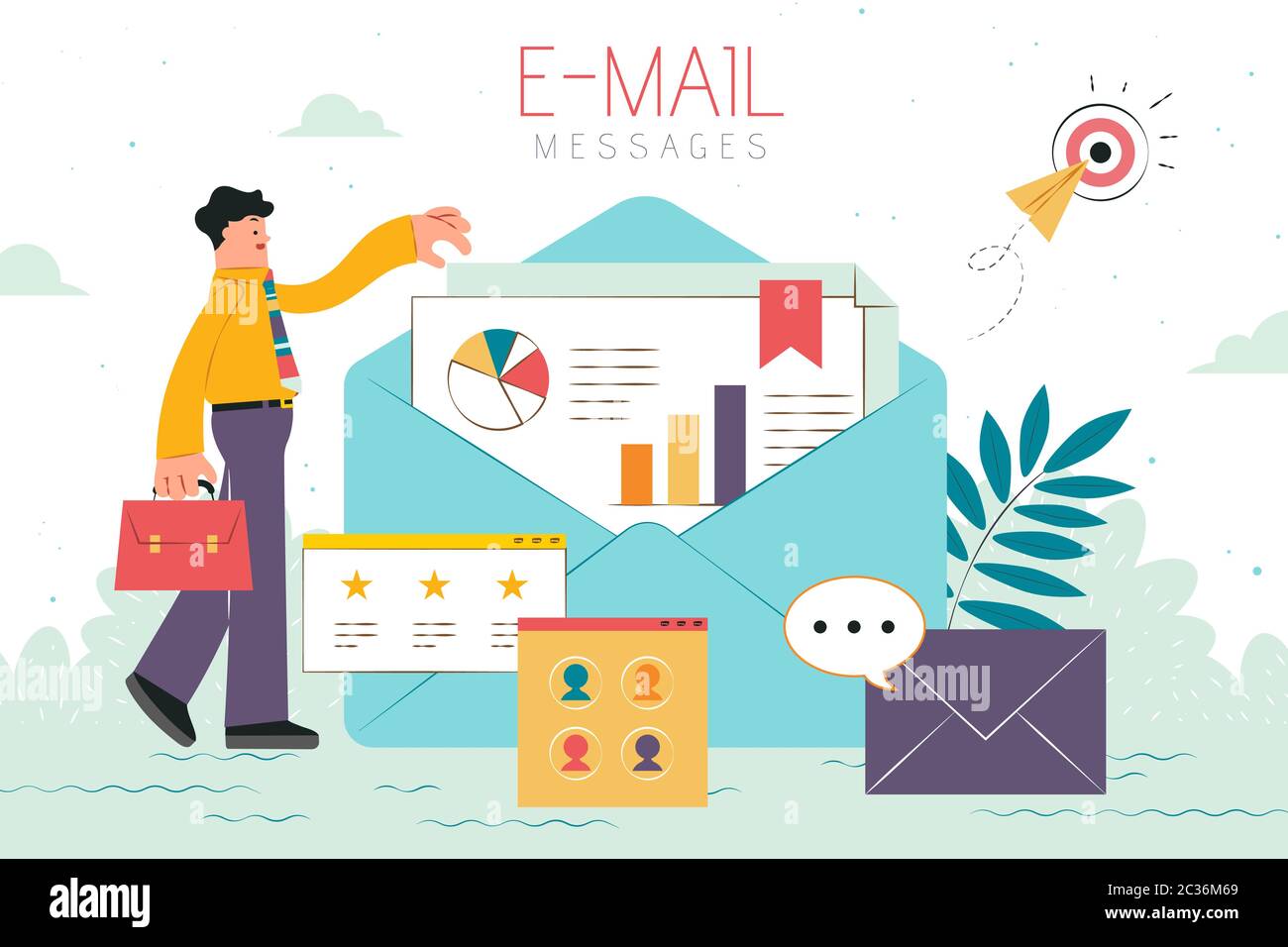 E-mail messages concept flat design with businessman viewing an open ...