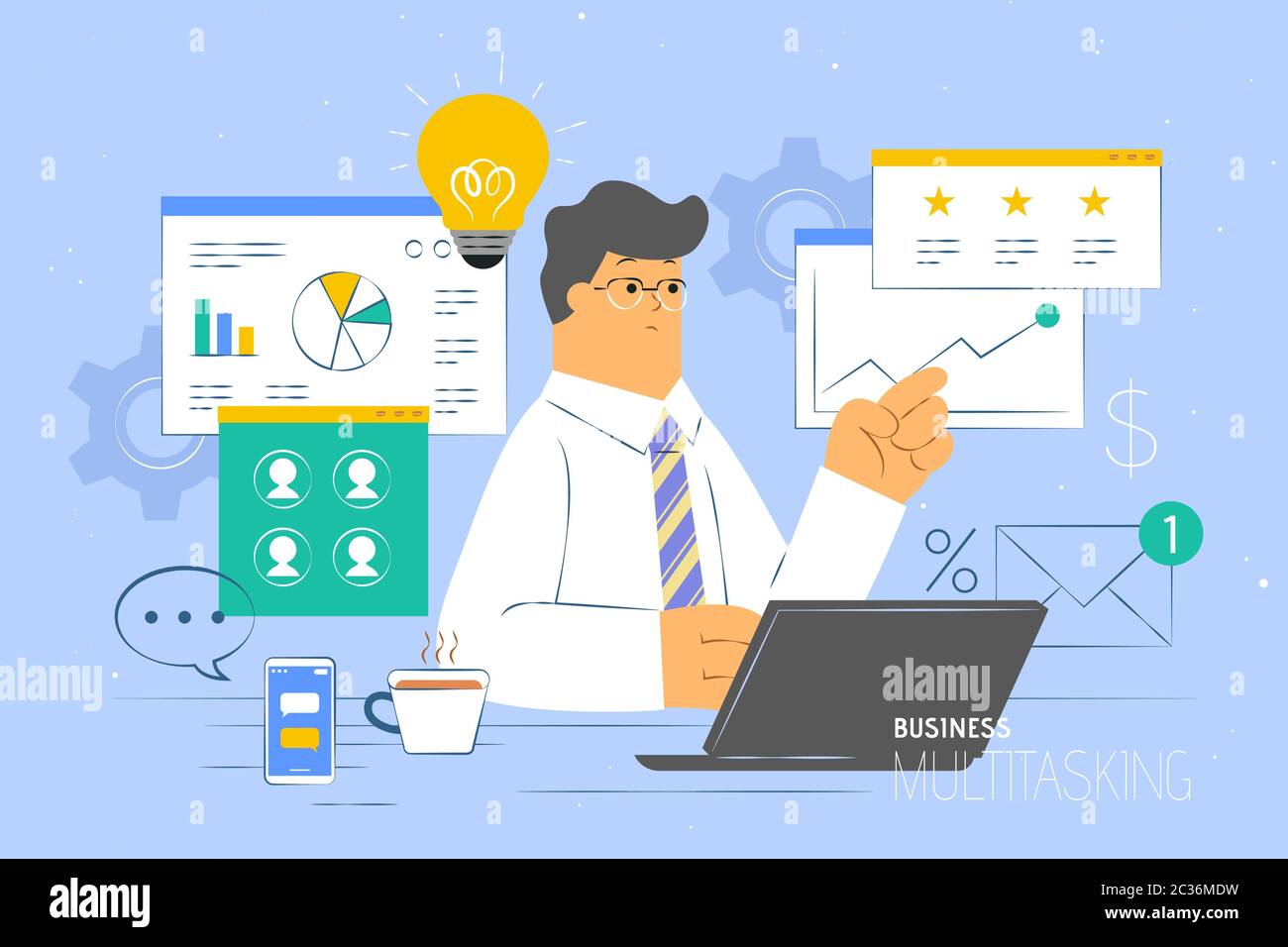 Busy multitasking businessman working with web browsers floating in the ...