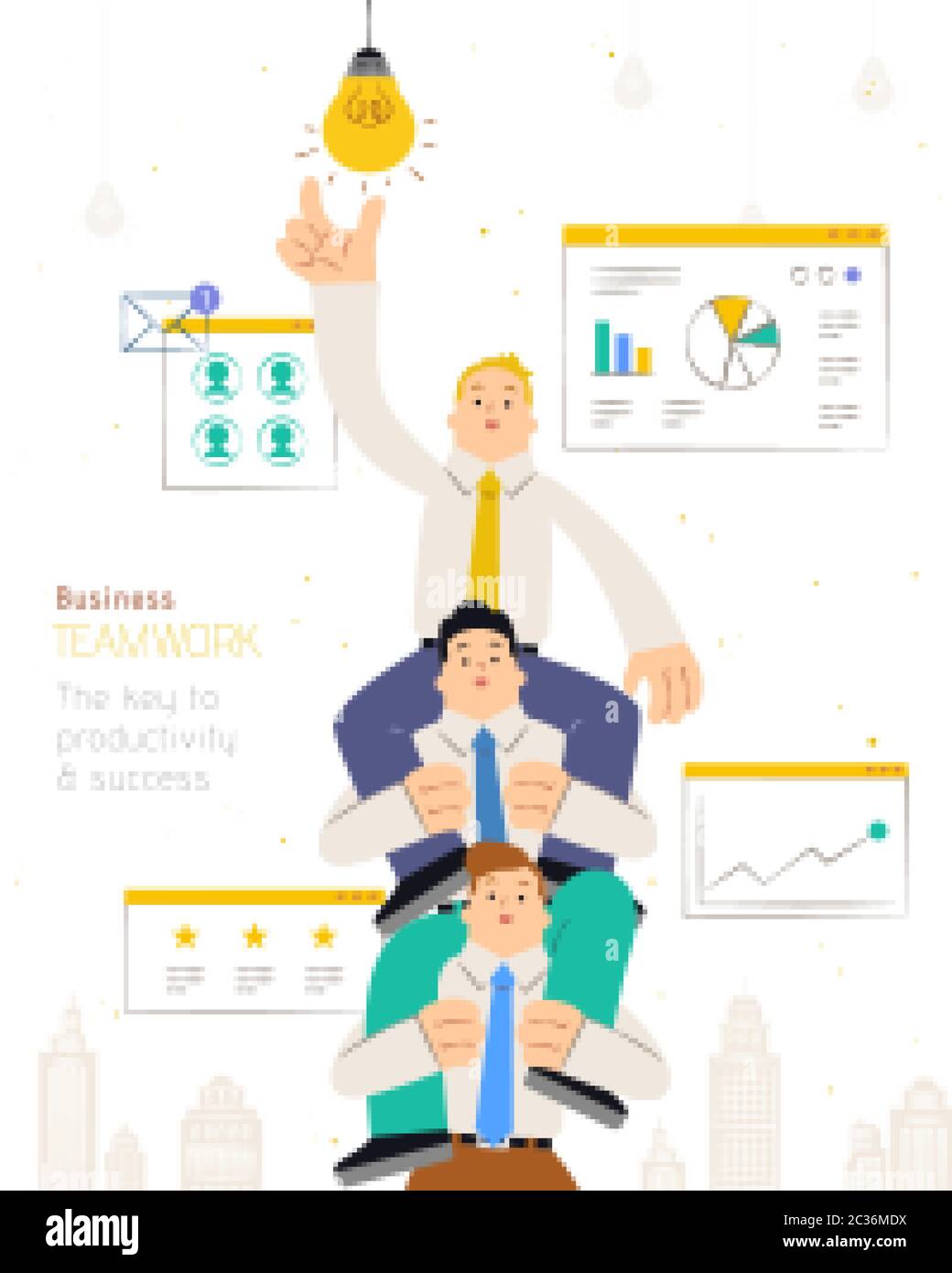 Business teamwork flat design with three businessmen reaching the light ...