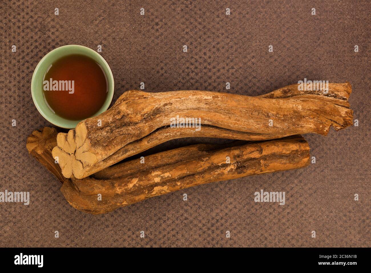 Ayahuasca brew and banisteriopsis caapi wood. Psychedelic drink ...