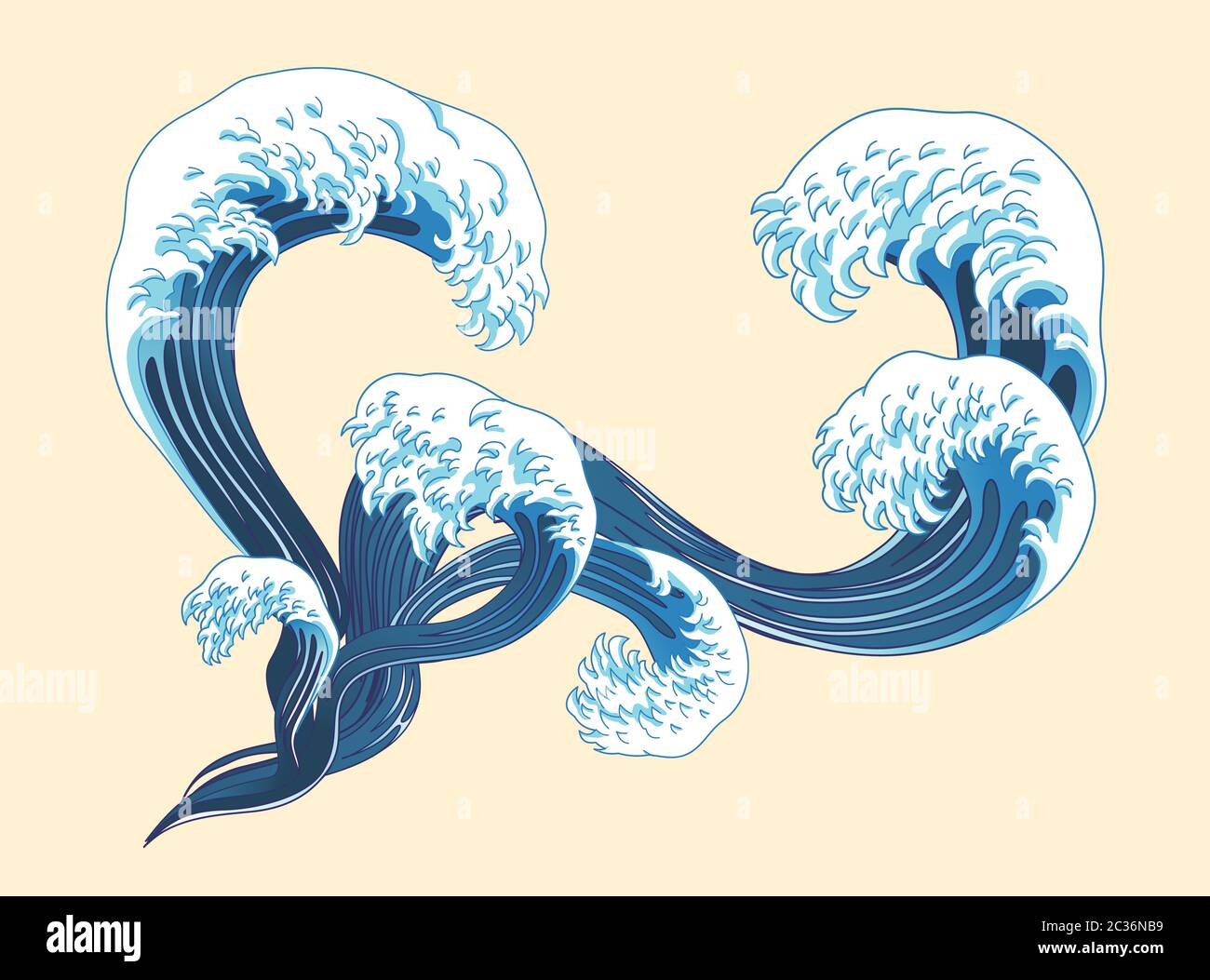Ukiyo-e style splashing wave elements on light yellow background Stock ...