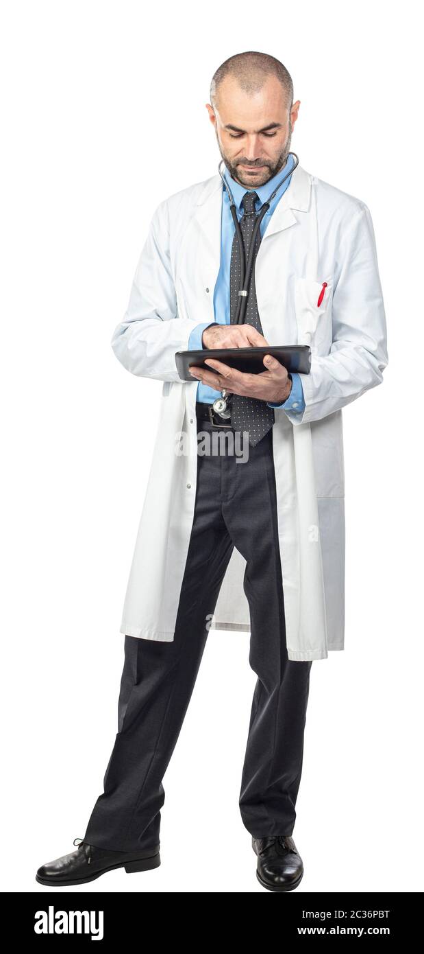 caucasian standing doctor use tablet isolated on white background Stock ...