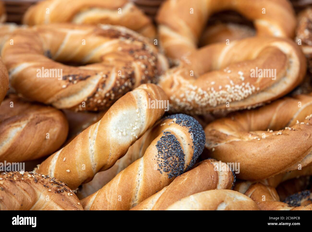 Traditional Cracovian prezels with salt, poppy and sesame seeds Stock ...