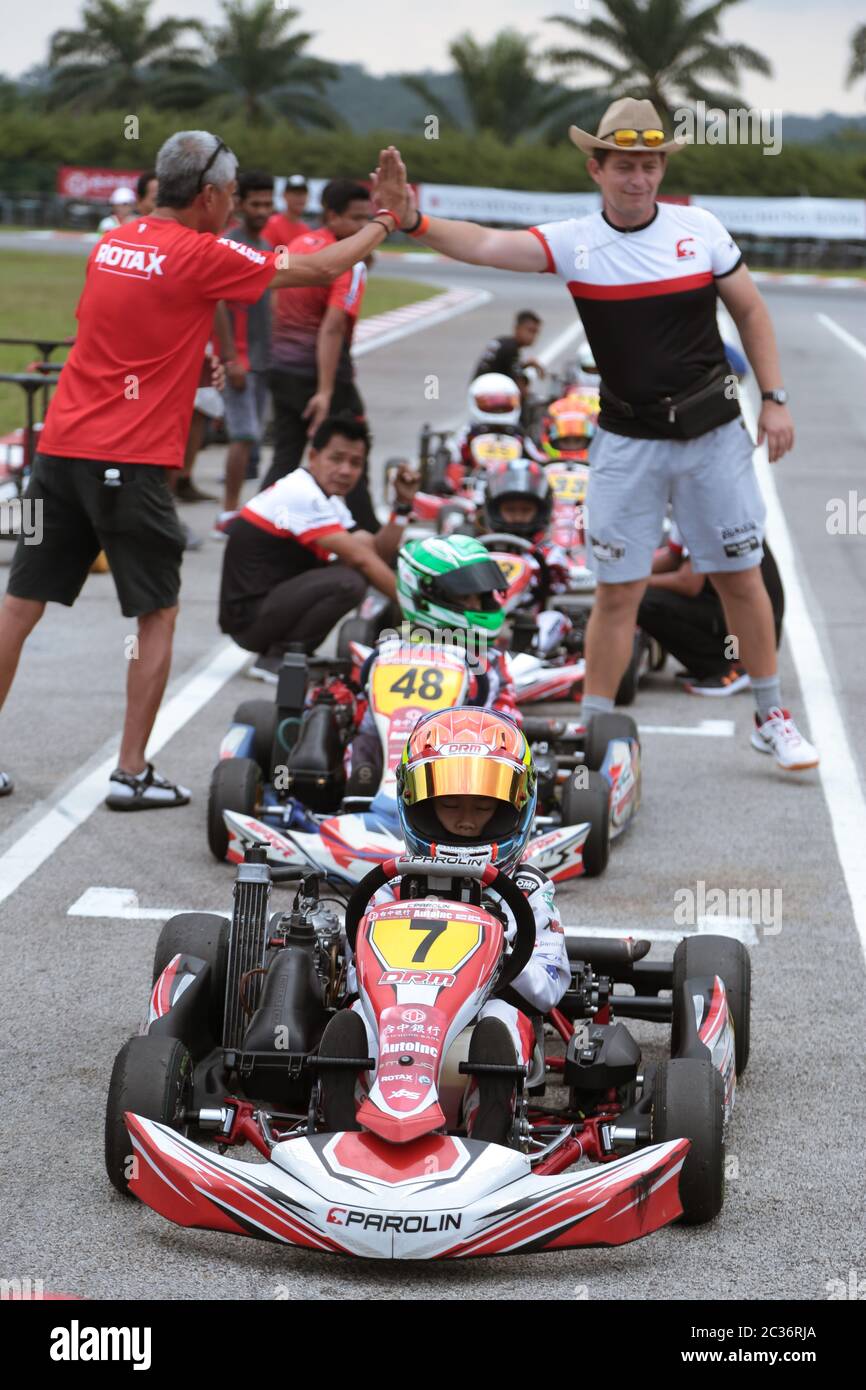Kart racers getting ready on the starting point of the race track Stock ...
