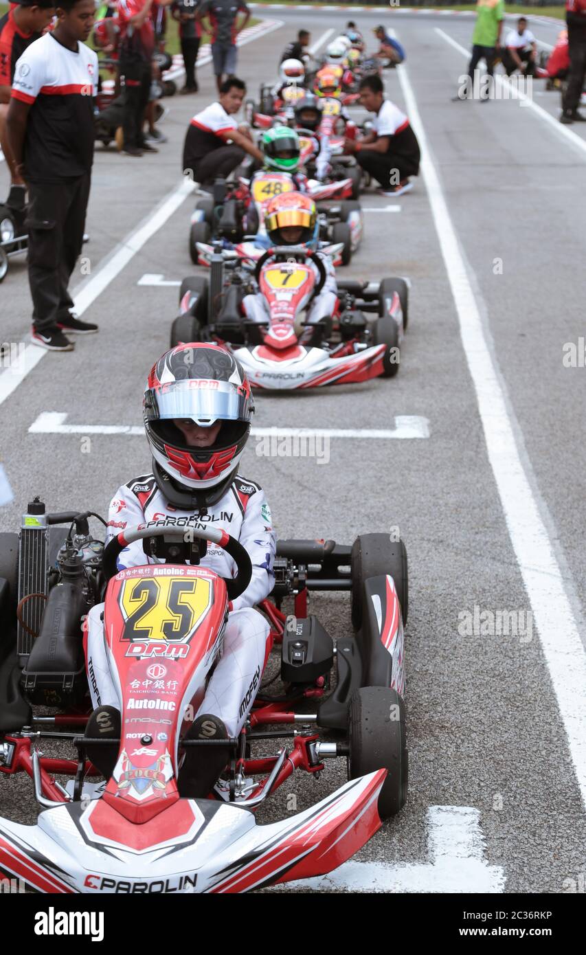 Kart racers getting ready on the starting point of the race track Stock ...