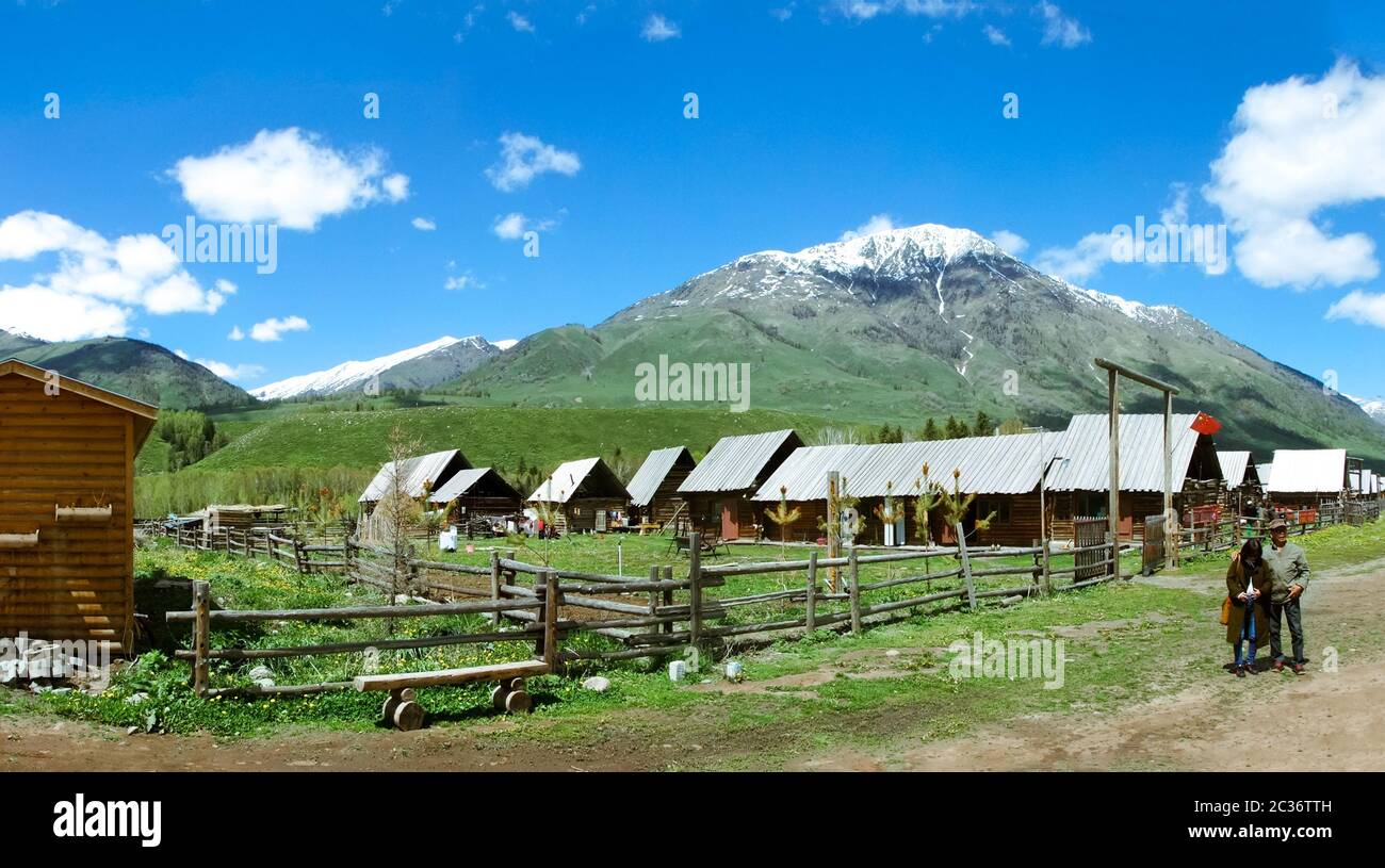 Hemu Village, a small village inside the beautiful Altay mountain range in Xinjiang China Stock ...