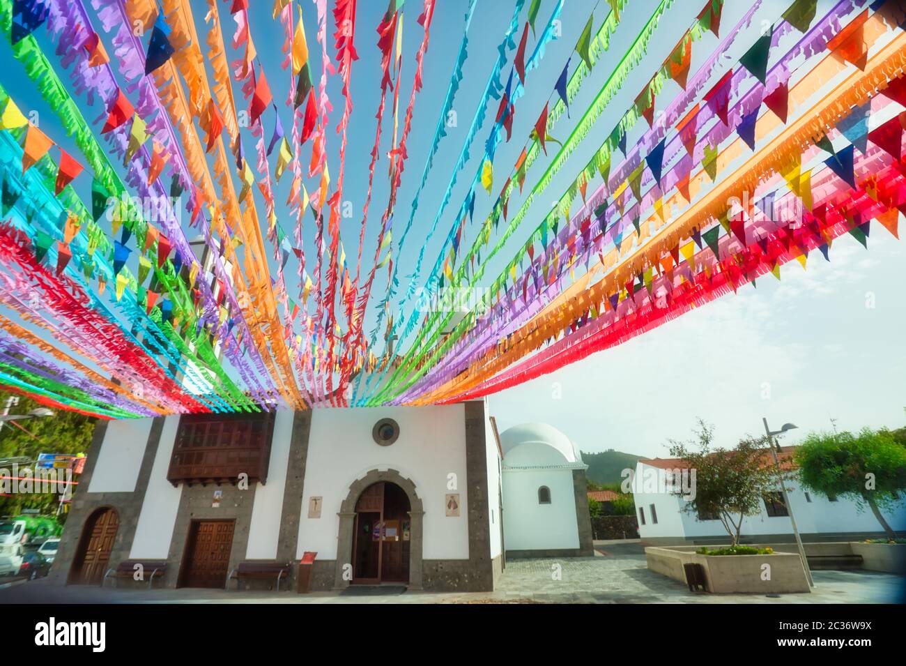 colored flags decorating for christian holiday catholic church Stock ...