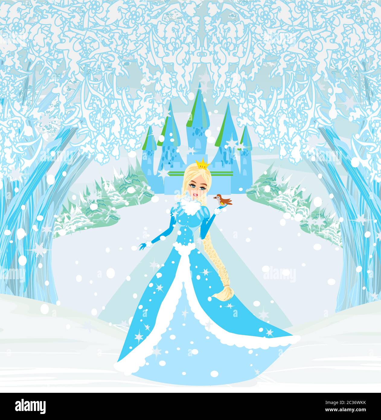 Winter landscape with castle and beautiful princess Stock Photo - Alamy