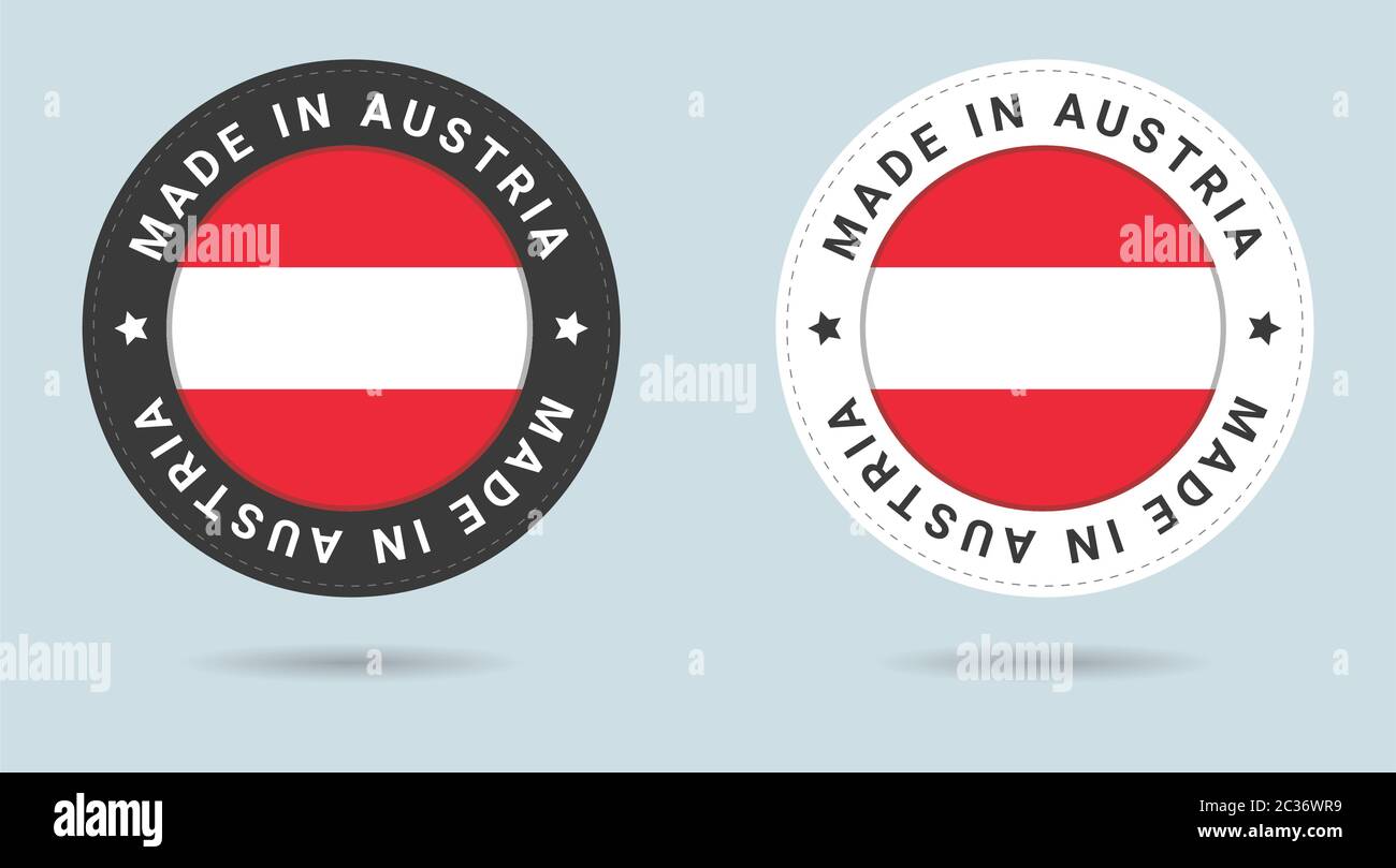 Set of two Austrian stickers. Made in Austria. Simple icons with flags ...