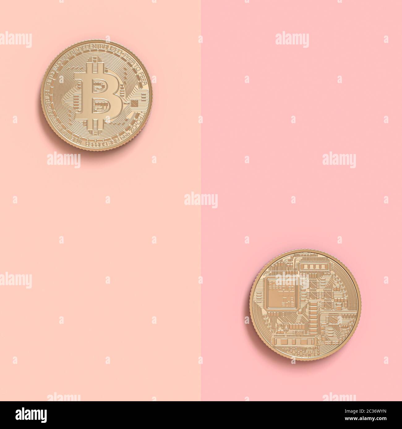 3d image render of two bitcoin coins in double-sided, flat lay style ...