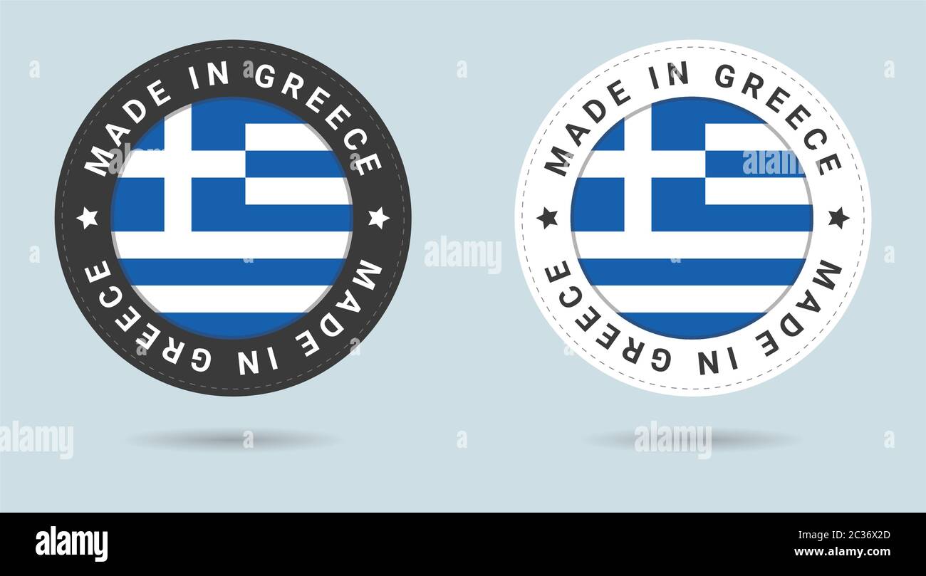Set of two Grecian stickers. Made in Greece. Simple icons with flags ...