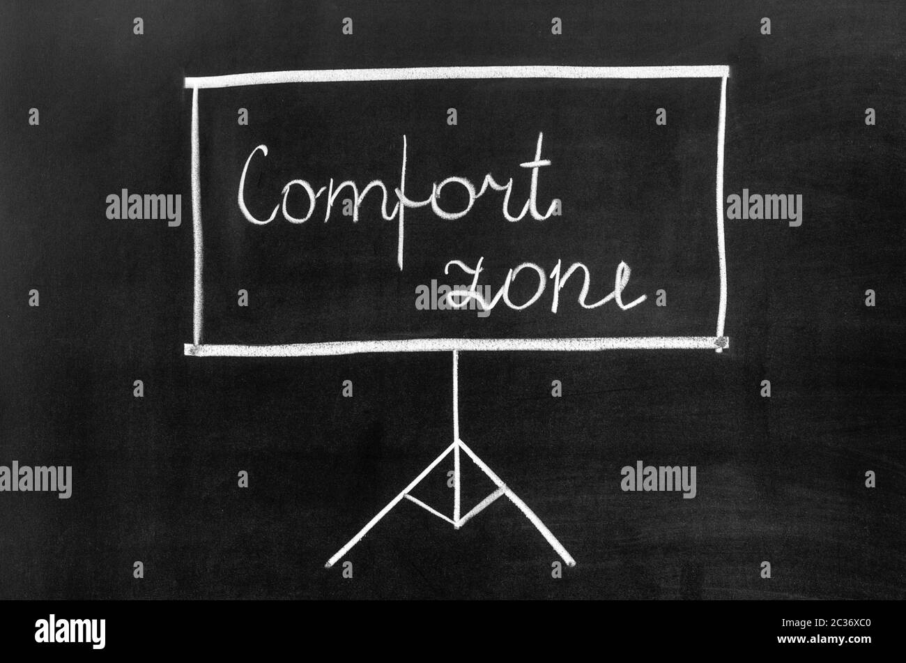 Projector screen drawn on the blackboard. The display shows text Stock ...