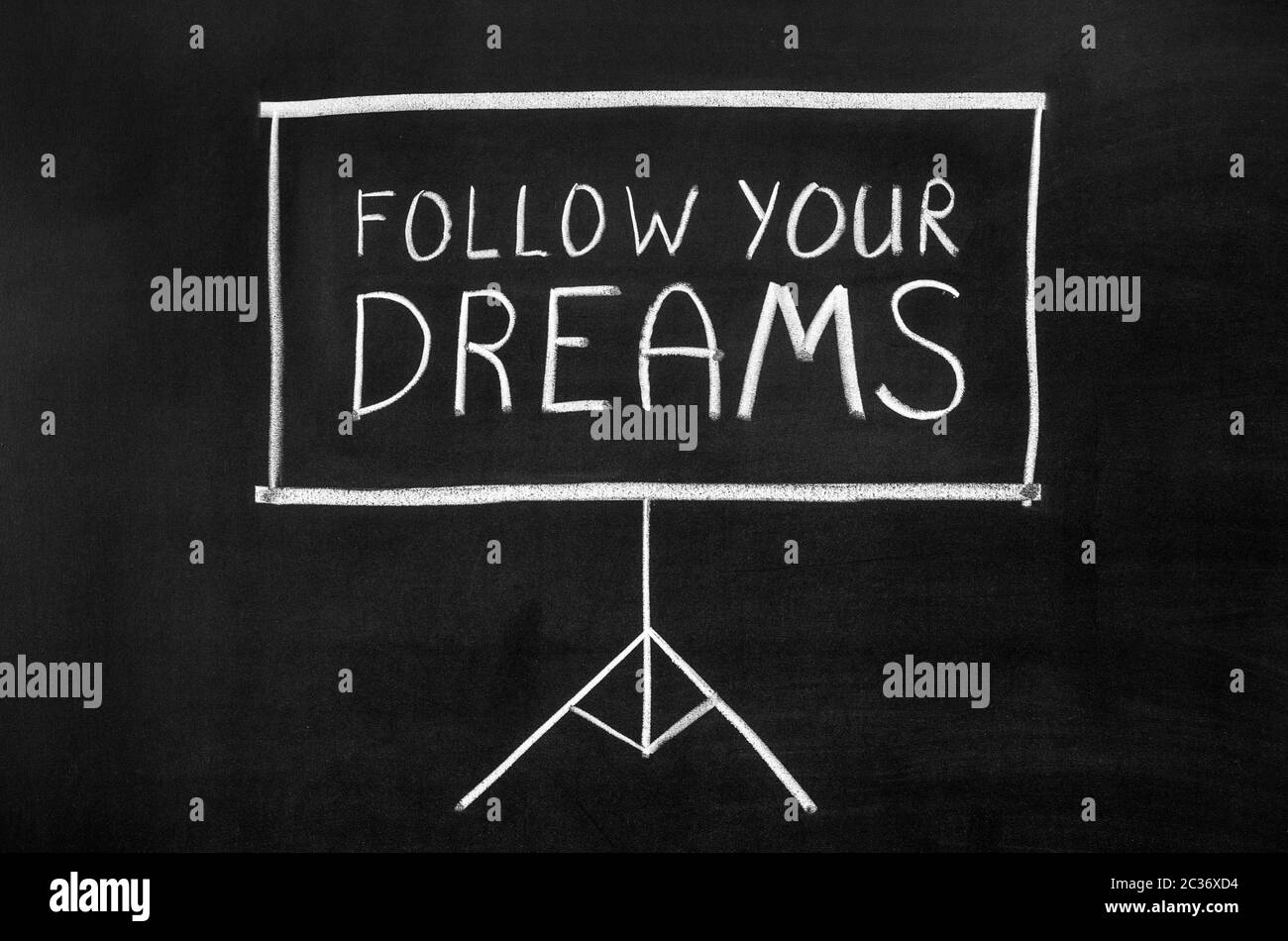 Projector screen drawn on the blackboard. The display shows text Stock ...