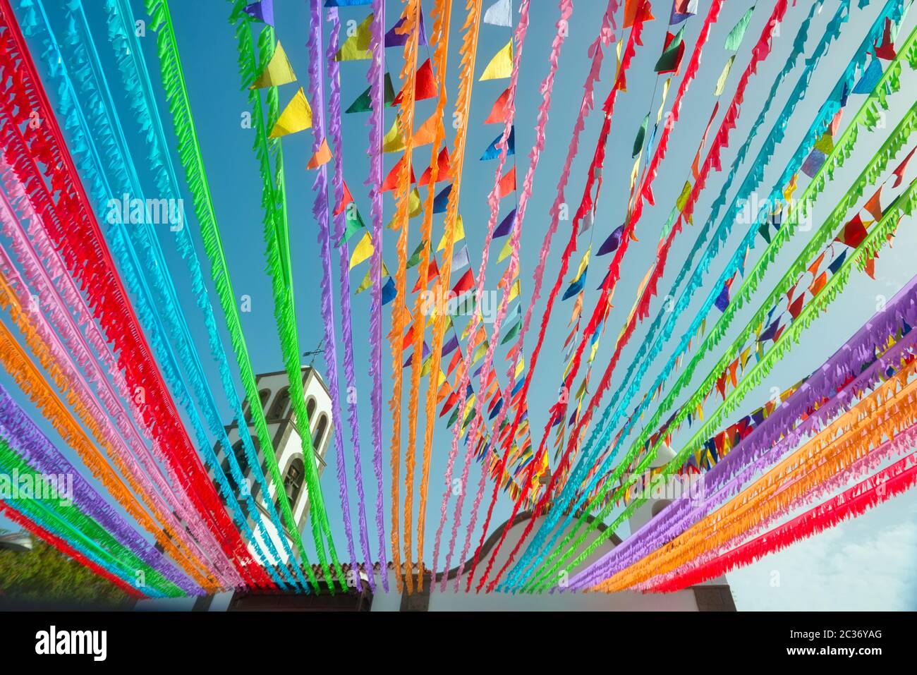 colored flags decorating for christian holiday catholic church Stock ...