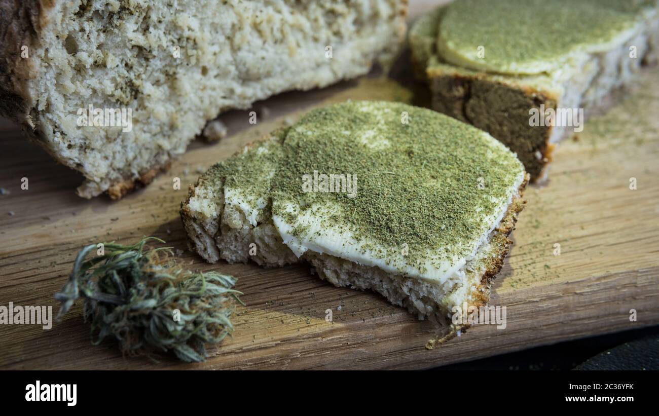Close-up of bread with hemp flour, sandwich with cannabis butter and ...