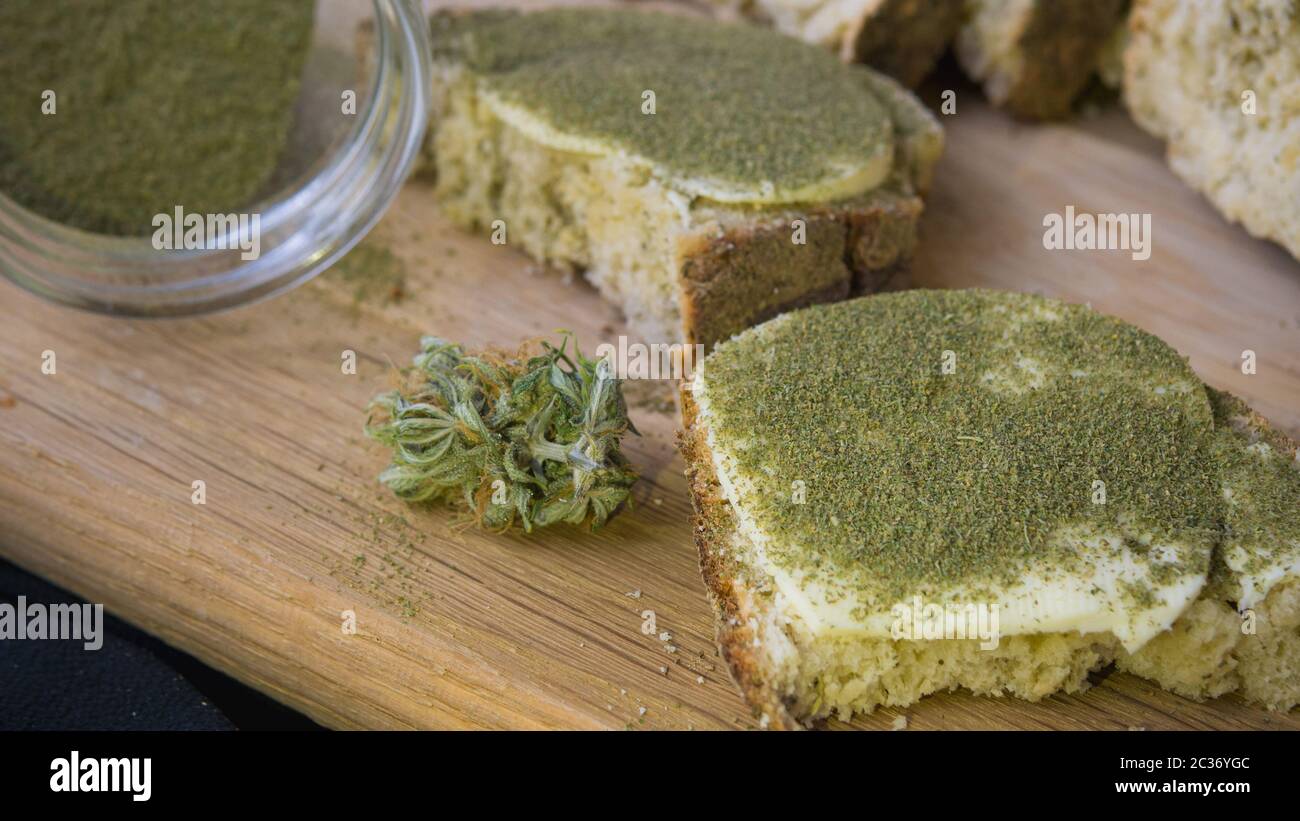Close-up of bread with hemp flour, sandwich with cannabis butter and ...