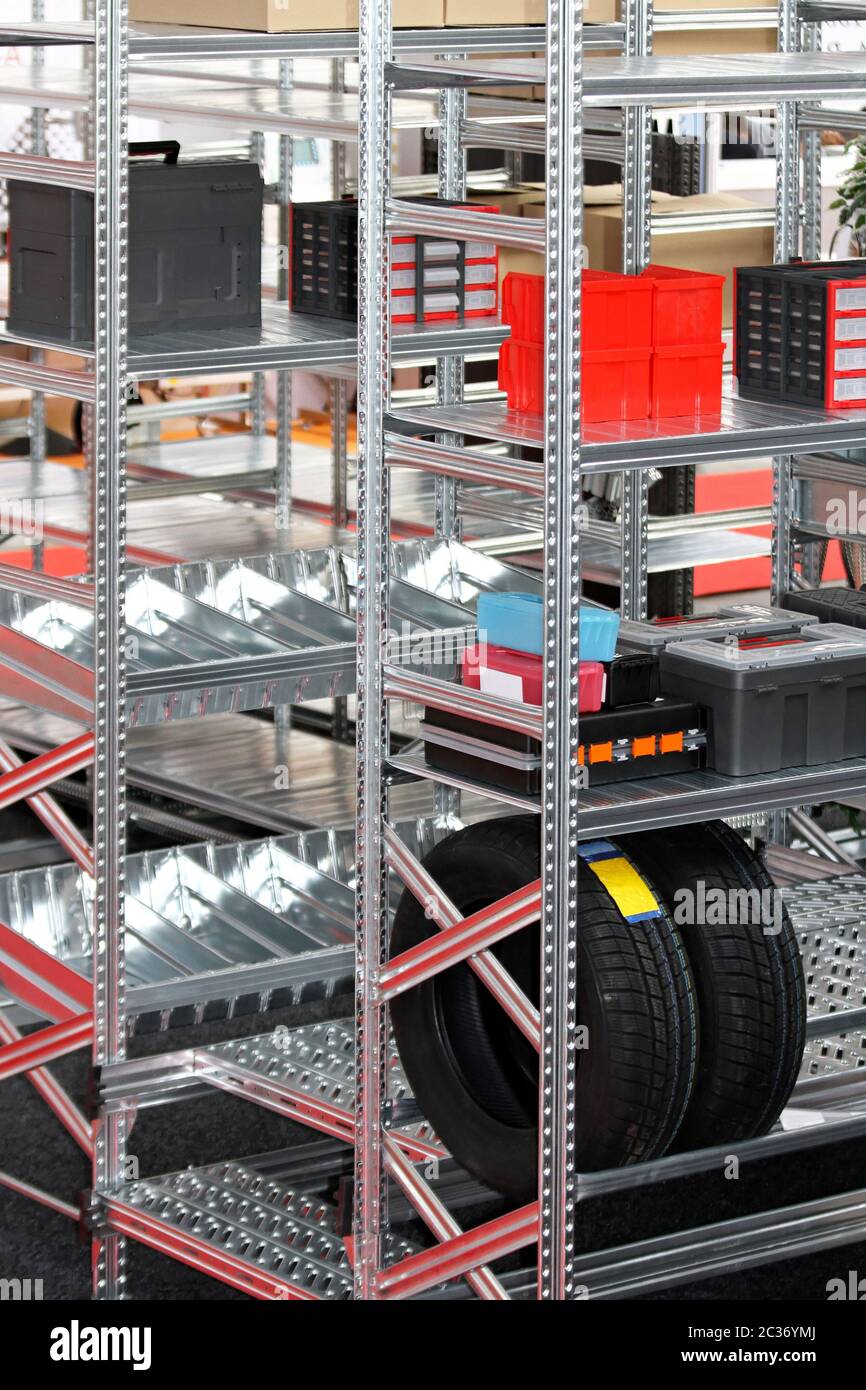Storage room with new metal shelving system Stock Photo - Alamy