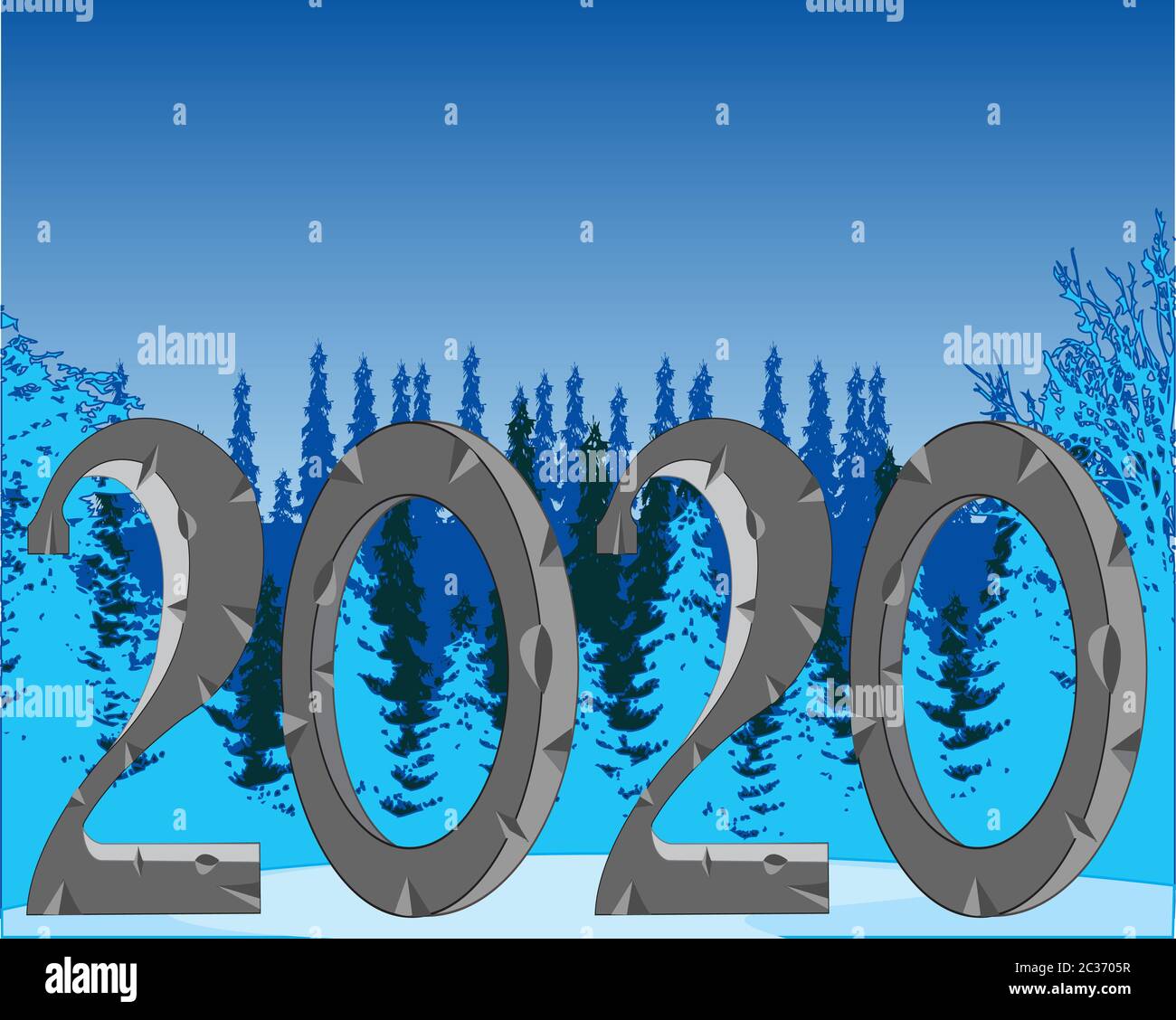 Winter landscape wood and snow on background of the numerals 2020 ...