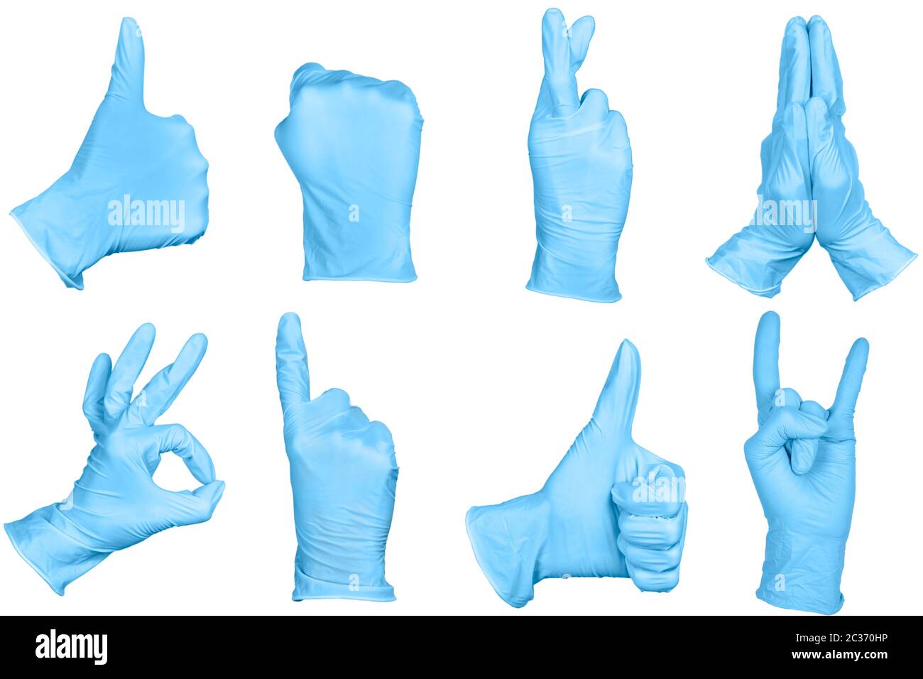 Set of hand or signs gestures in blue disposable latex surgical gloves ...