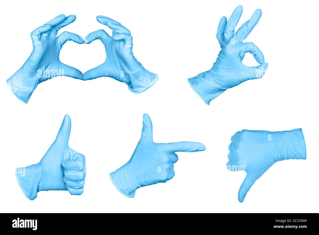 Set of hand or signs gestures in blue disposable latex surgical gloves ...