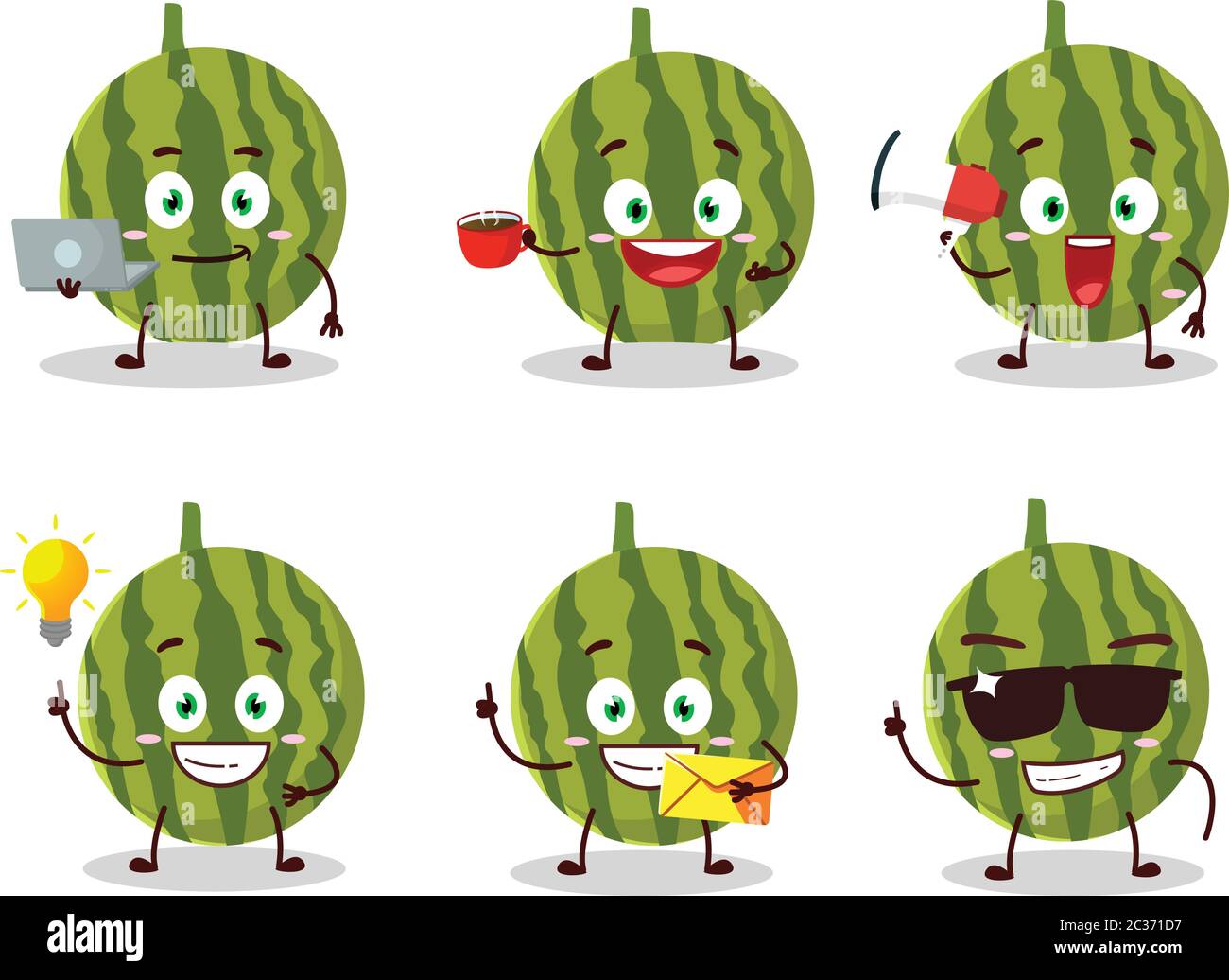 Watermelon cartoon character with various types of business emoticons ...