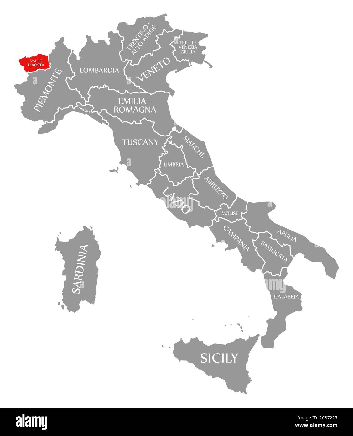 Aosta Valley red highlighted in map of Italy Stock Photo - Alamy