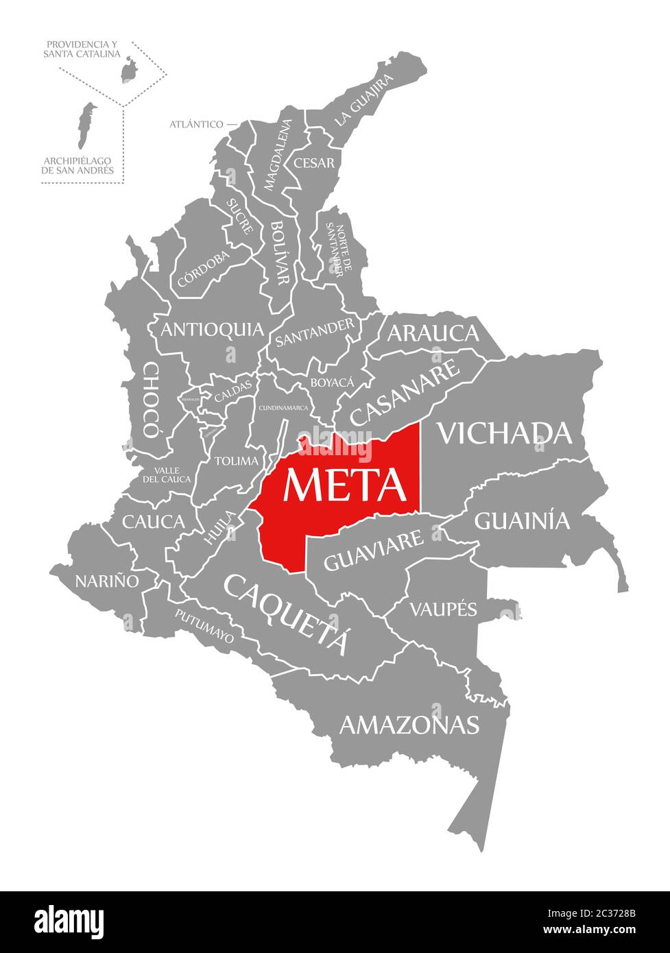 Meta red highlighted in map of Colombia Stock Photo - Alamy