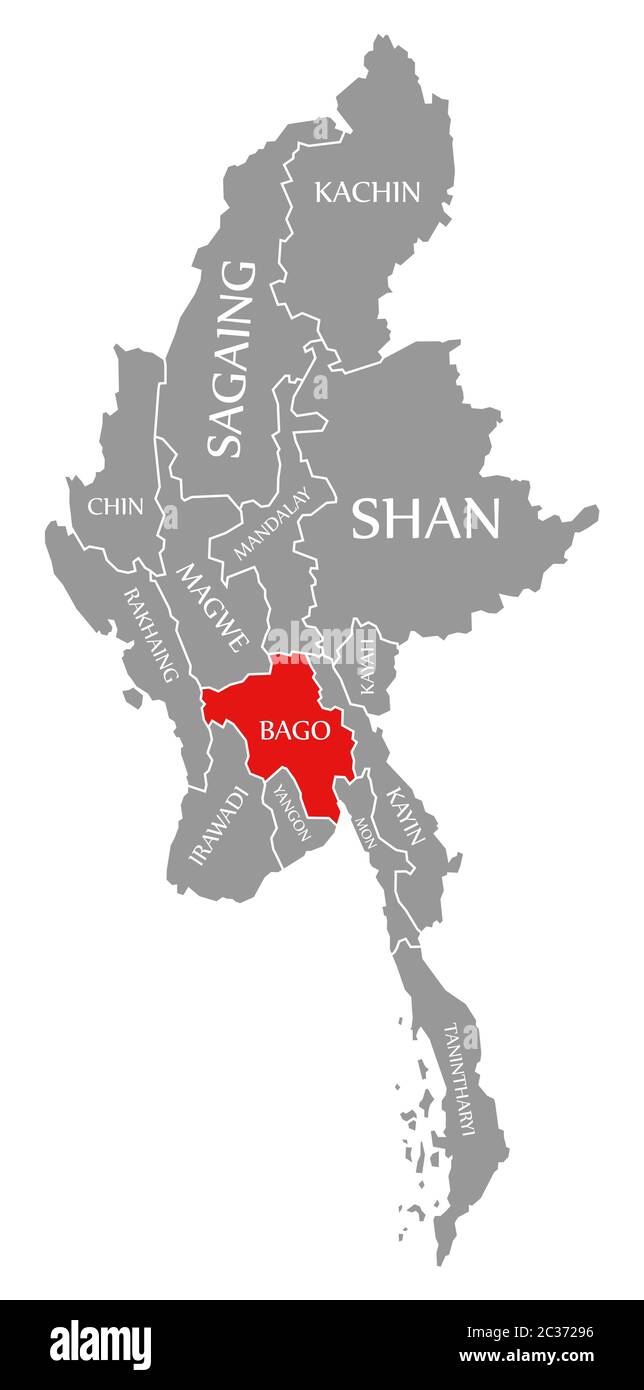 Bago red highlighted in map of Myanmar Stock Photo - Alamy