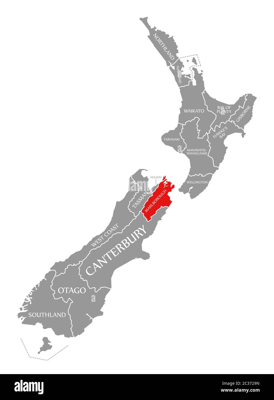 Marlborough red highlighted in map of New Zealand Stock Photo - Alamy