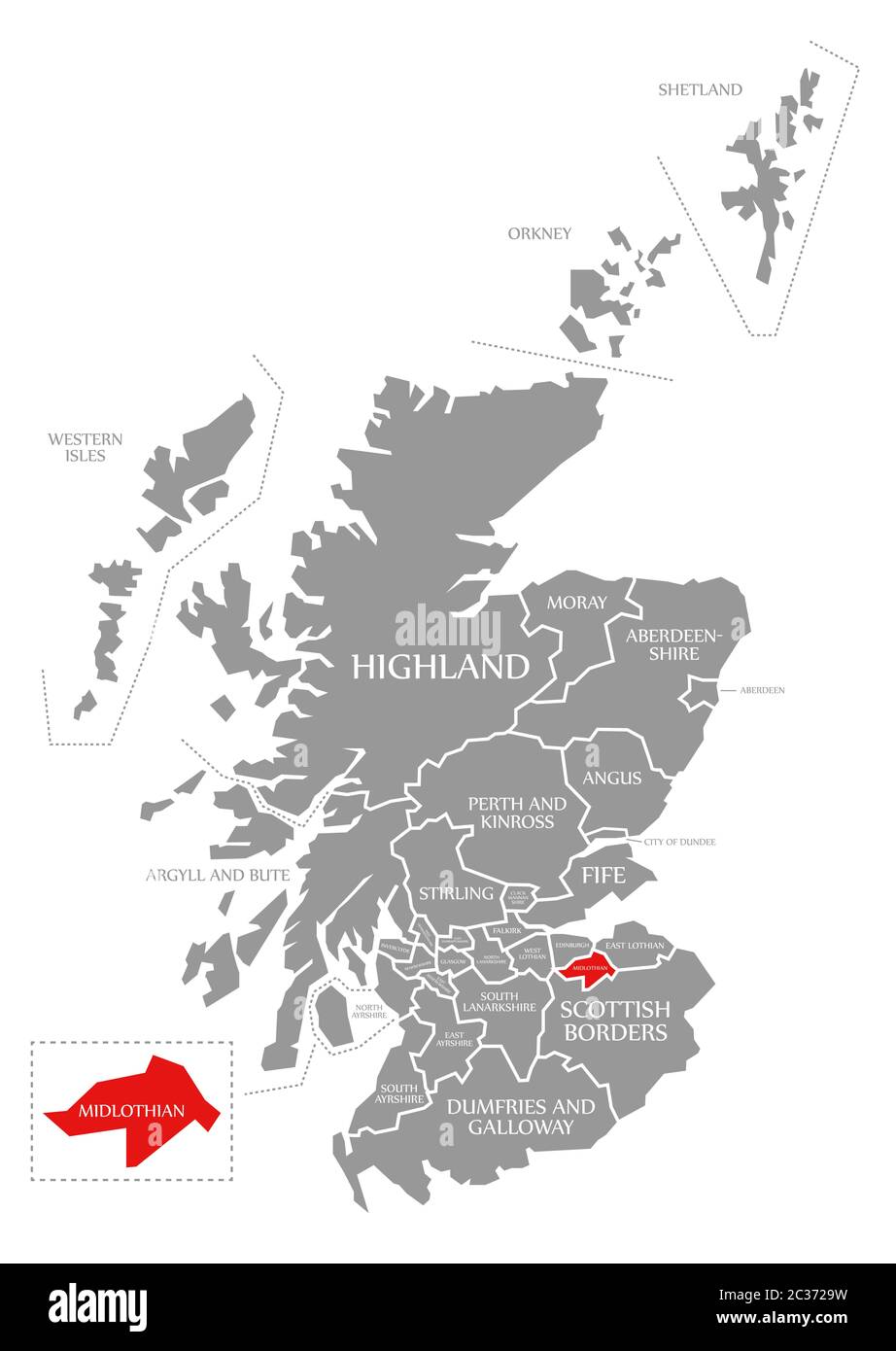 Midlothian red highlighted in map of Scotland UK Stock Photo - Alamy
